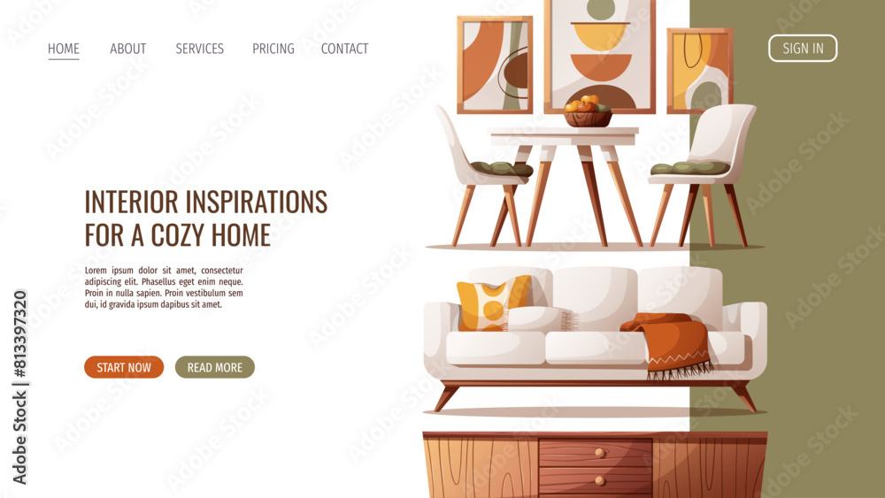 Web design with cozy white sofa, wooden tv stand, dining table with ...