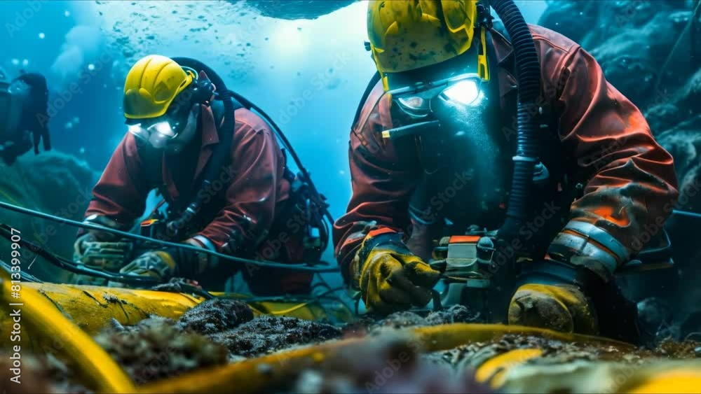 Technicians installing oil gas pipelines underwater using specialized ...