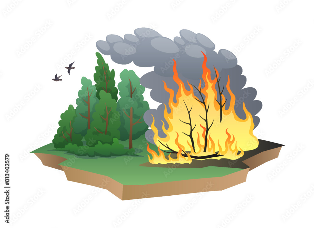 Wild forest on fire 2D cartoon objects. Flame destroying woodland and ...