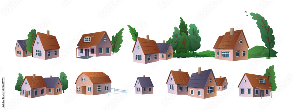 Cottage buildings for living 2D cartoon objects set. Country apartment ...