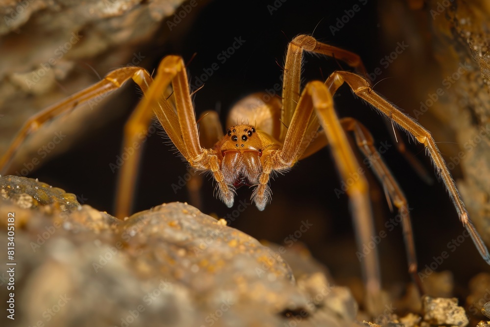 A close-up view of a Brown Recluse spider crawling on a rock in its ...