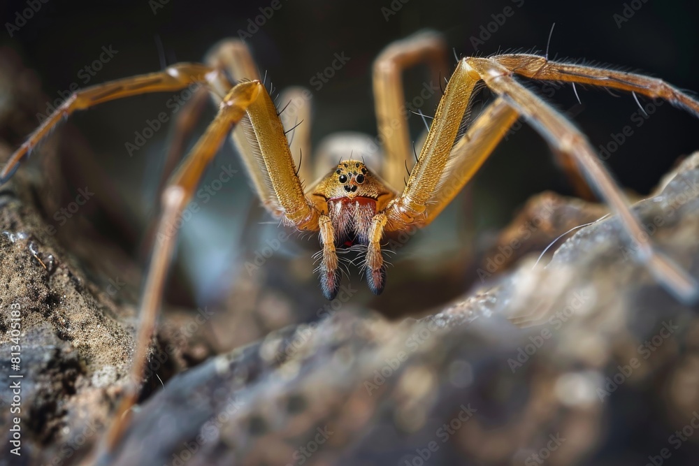 A detailed view of a Brown Recluse spider crawling on a textured rock ...