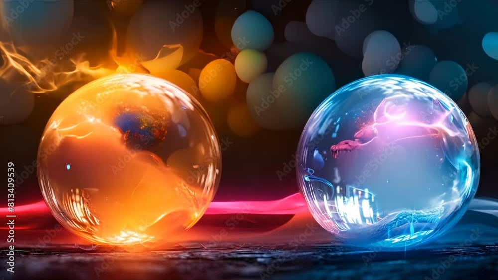 Detailed night photo of dragon and devil figure in glass ball. Concept ...