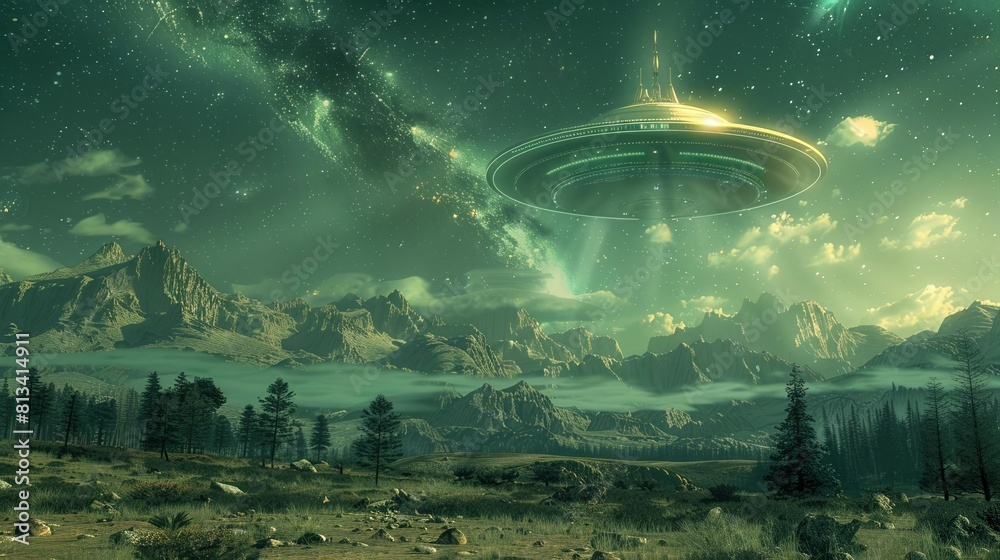 An eerie green-toned depiction of a massive alien spaceship casting ...