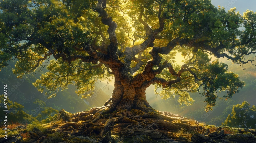 Illustrate a finely detailed traditional oil painting of a grand oak ...