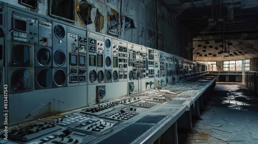 Generative AI Inside the control room at Chernobyl, control panels ...