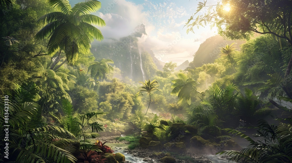 A detailed painting depicting a dense jungle filled with various shades ...