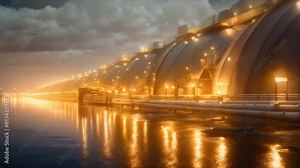 Nighttime photo of industrial spherical LNG gas storage tank. Concept ...