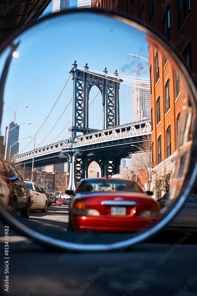 Urban Reflection: Side Mirror View. Street scene reflected in the side ...