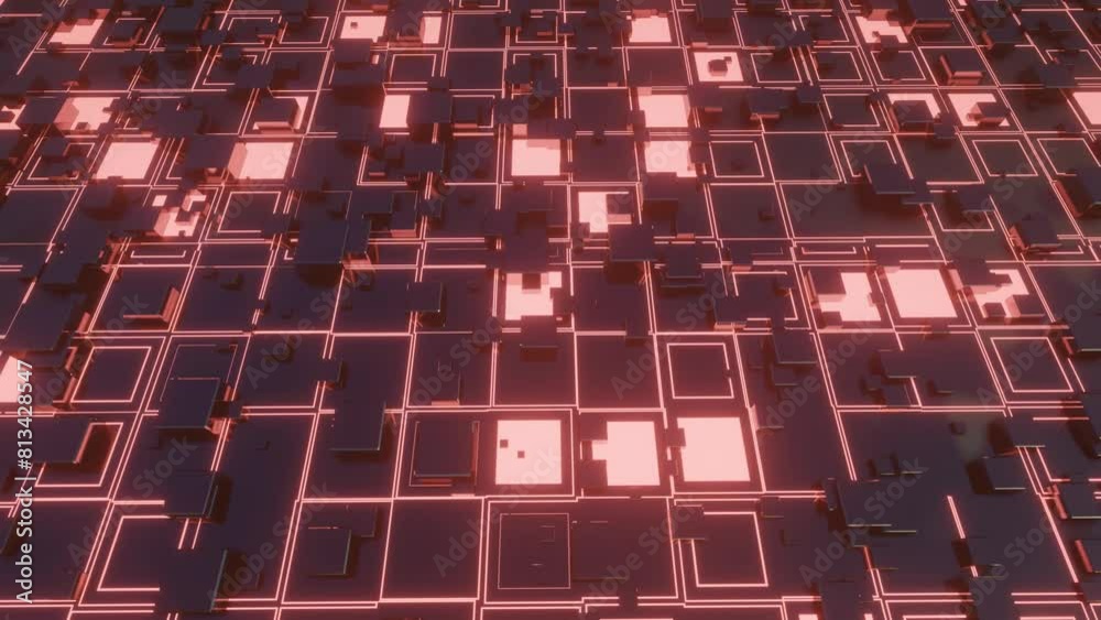 4k looped animation. Flight over hi tech pattern on plane surface, neon ...