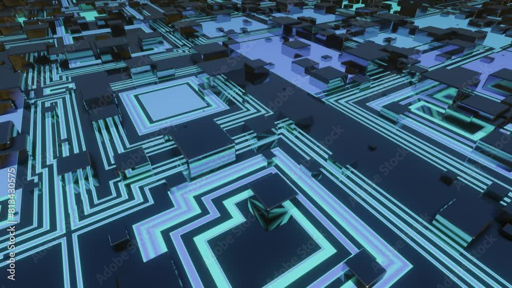 4k looped animation. Flight over hi tech pattern on plane surface, neon ...