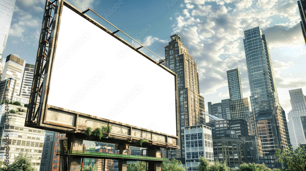 An empty billboard stands in the midst of a bustling city, waiting to ...