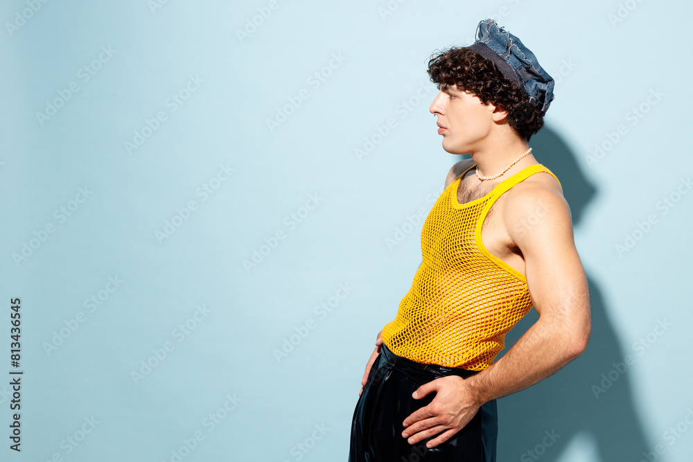 Side view young happy gay Latin man he wear mesh tank top hat clothes ...