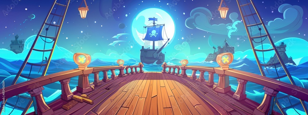 Cartoon illustration of deck of a pirate ship. Onboard view. Stock ...