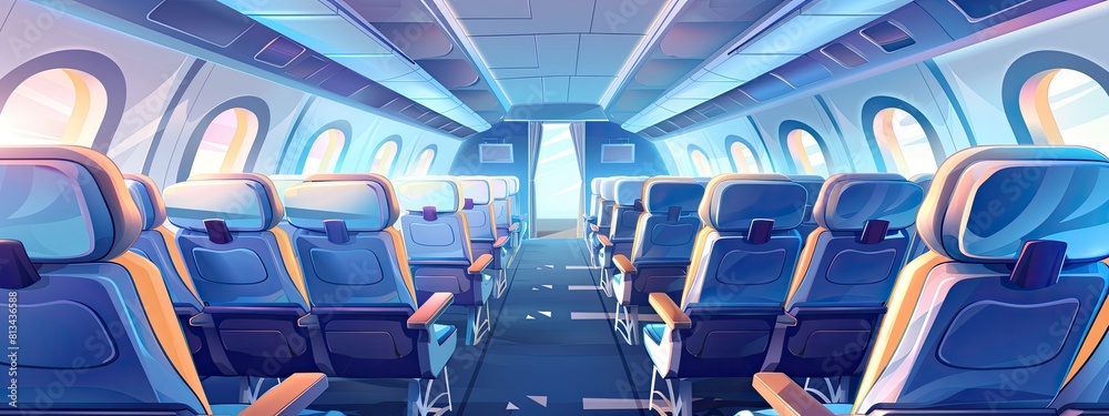 Cartoon interior inside the cabin of an empty airplane with passenger ...