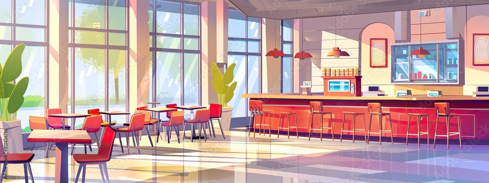 Cartoon interior of the school cafeteria with a counter bar, dining ...