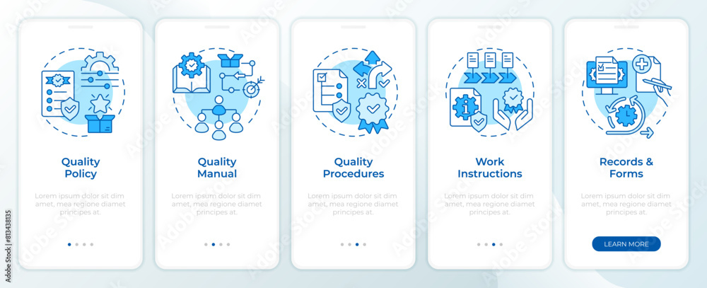 Qms Documents Blue Onboarding Mobile App Screen Walkthrough 5 Steps Editable Graphic