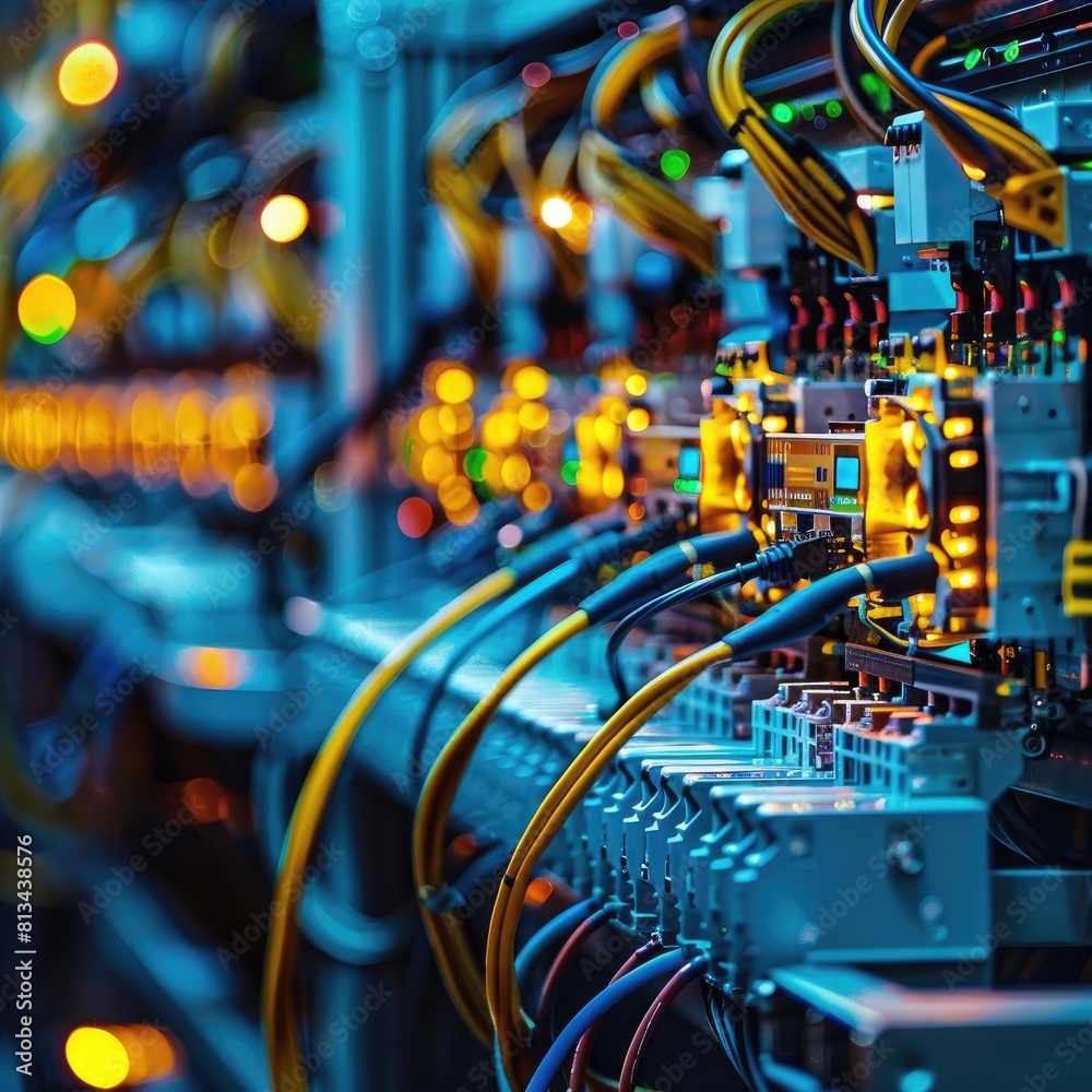 Abstract image of a server room. The dark blue background is filled ...