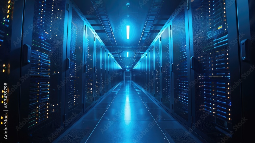 Blue light illuminates the long corridor of a modern data center. Rows ...