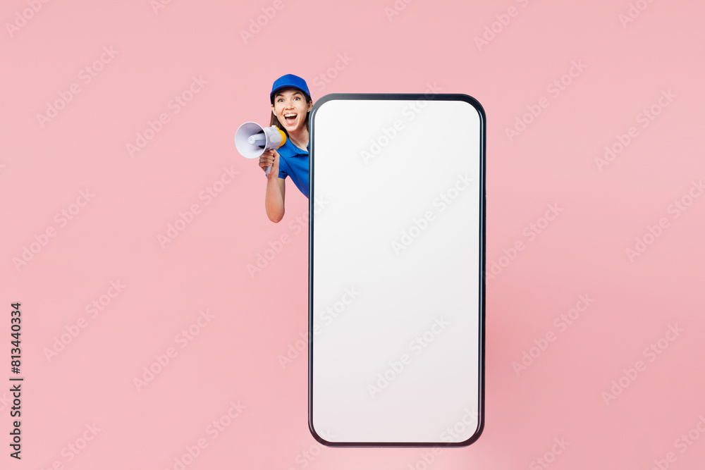 Full body surprised delivery employee woman wear blue cap t-shirt ...