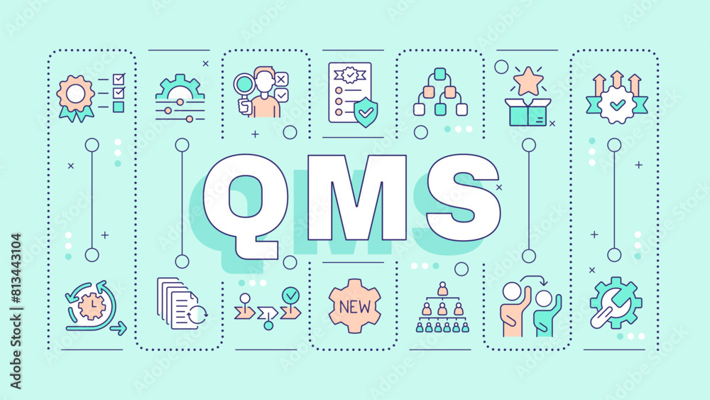 QMS turquoise word concept. Product quality. Performance metrics ...