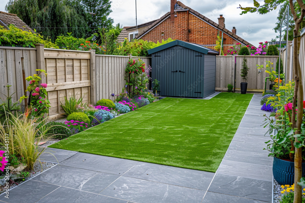 A general view of a back garden with artificial grass, grey paving slab ...