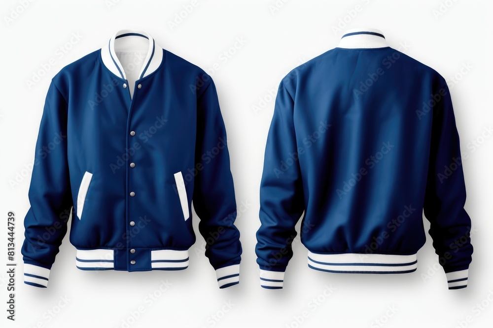 blue and white varsity jacket mockup. front and back view Stock Photo ...