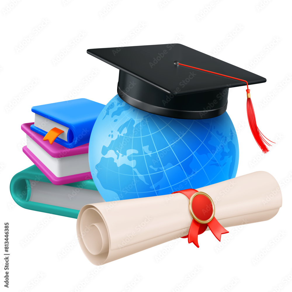 3d realistic black academic graduation cap or toga hat on the globe ...