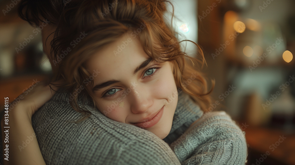 Girl hugging guy indoors, smelling her shoulder. Stock Photo | Adobe Stock