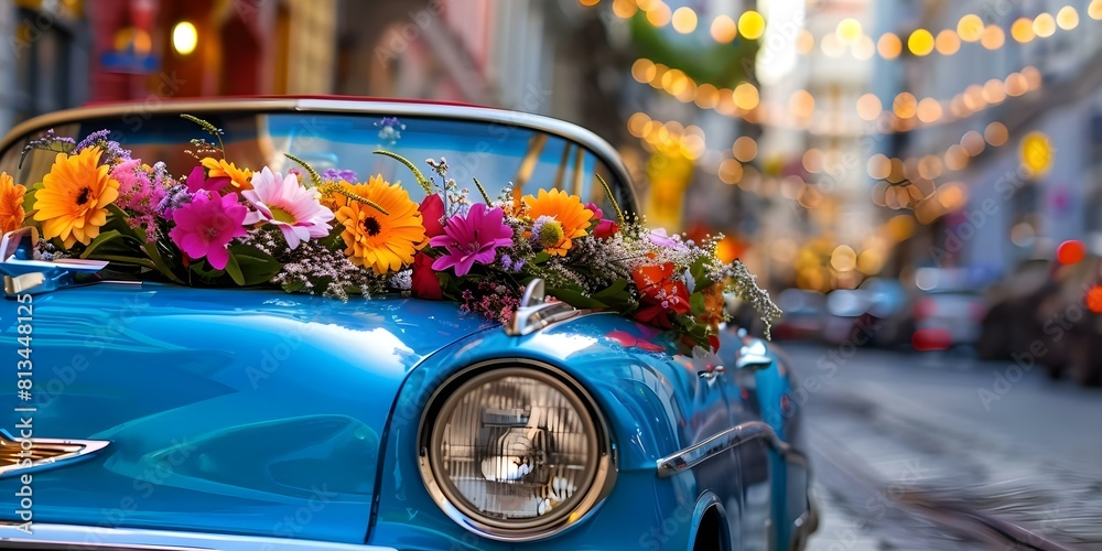 Vintage blue car with flowers on hood parked on city street. Concept ...