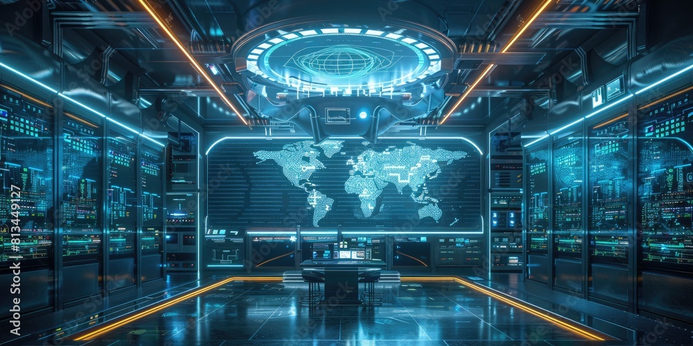 The image is a control room of spaceship. There are many screens ...