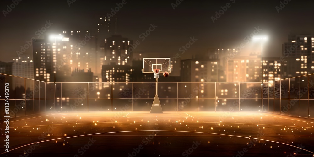 Urban basketball court at night with sports hoop against city backdrop ...