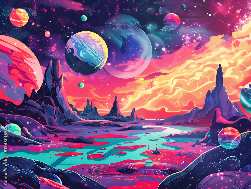 A retro comic-style outer space landscape, with colorful planets ...
