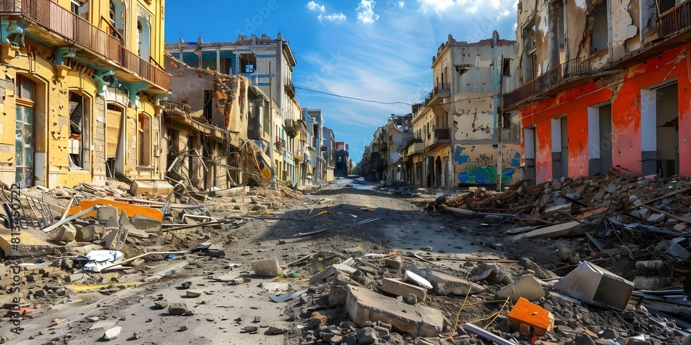 Destroyed city street buildings postearthquake abandoned town ruins ...