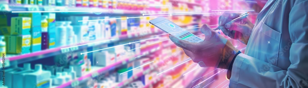 Closeof pharmacology with Glow HUD big Icon of medication interaction ...