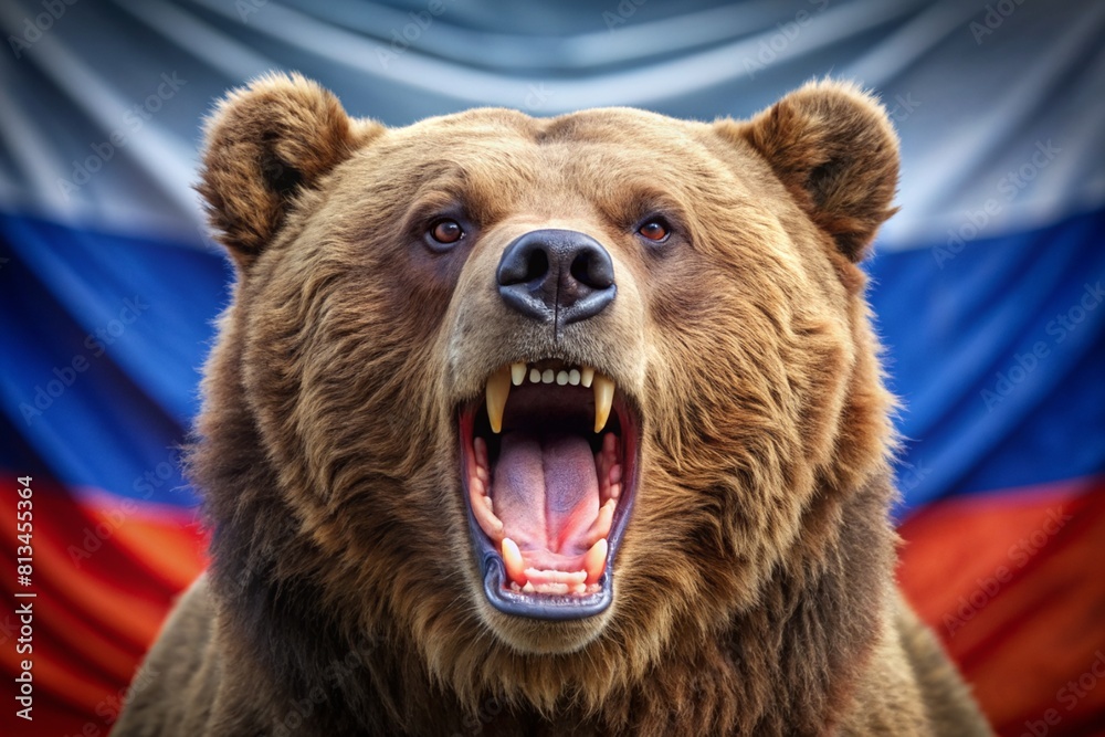 The state symbol of Russia. An angry, growling Bear on the background ...