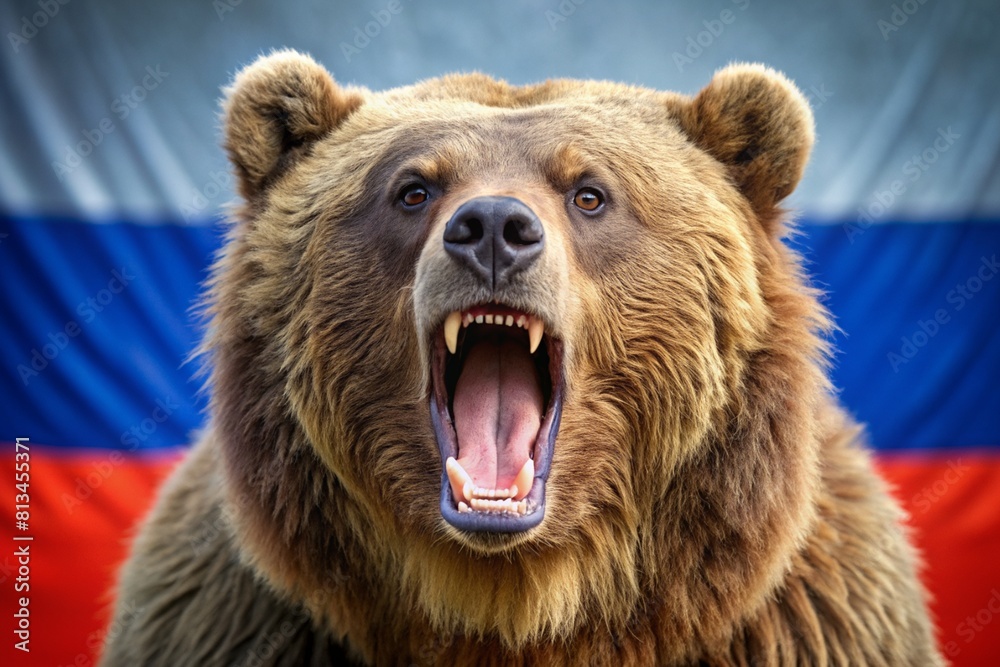 The state symbol of Russia. An angry, growling Bear on the background ...