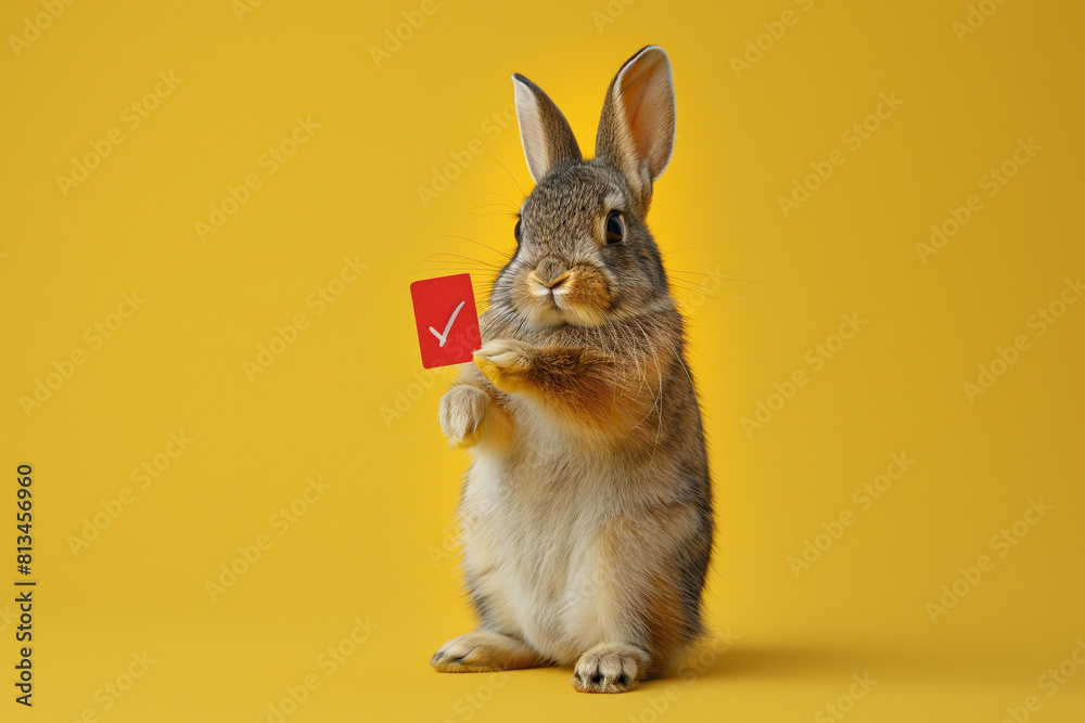 Charming rabbit holding a red card with a check mark, set against a ...