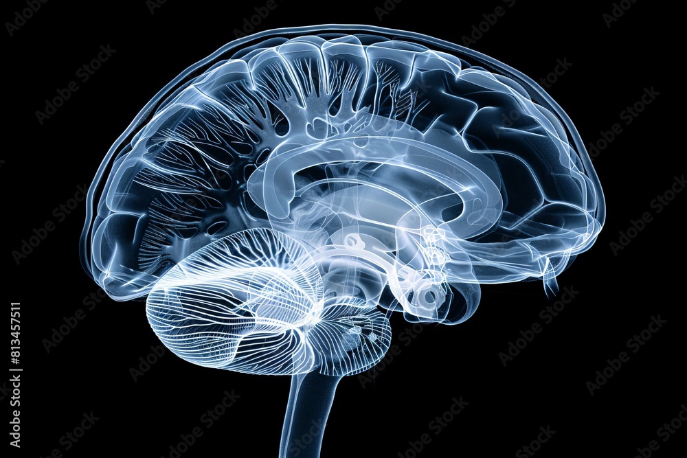 Enhanced brain x ray illustration revealing neural pathways for ...