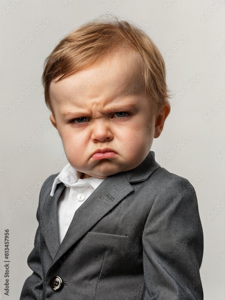 Serious child dressed in an adult suit. Boy with an upset face. Sad ...