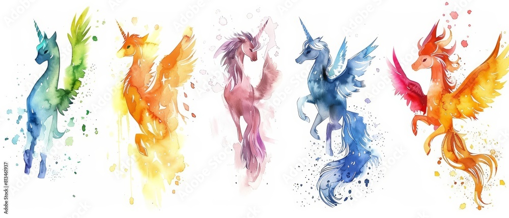 Set of watercolors of mythical creatures, including a unicorn and ...