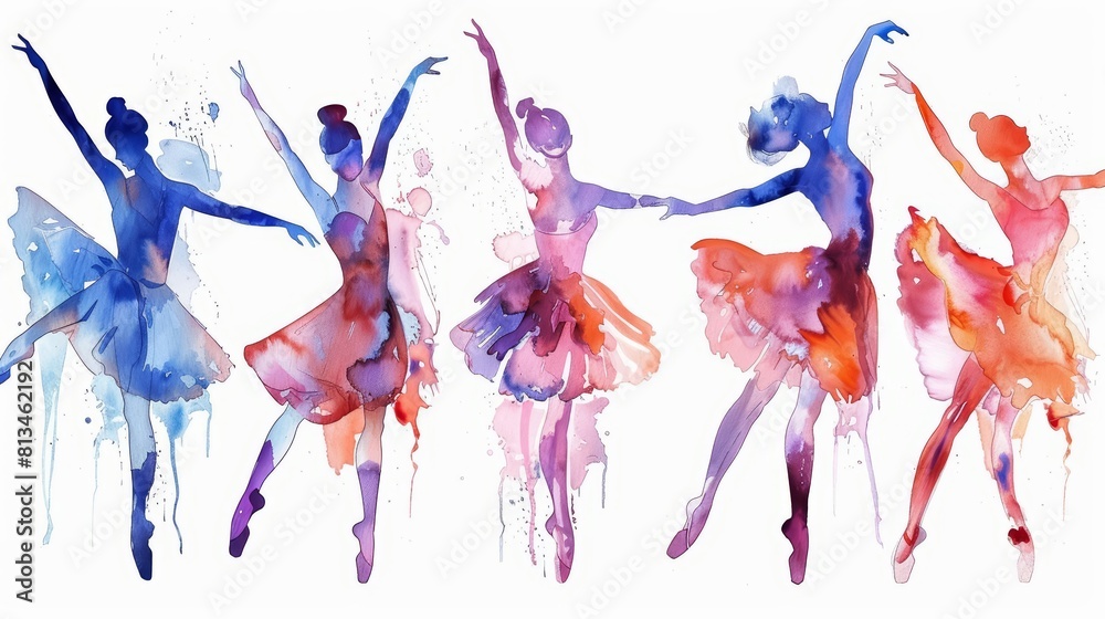 Set of watercolors showing a sequence of dance movements from ballet ...