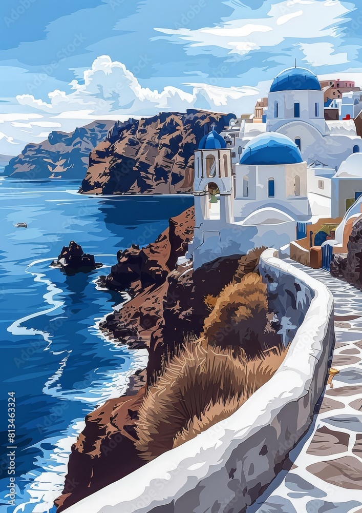 Simplistic artwork portraying the beauty of greece with its iconic blue ...