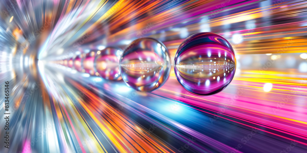 Transparent spheres glide through a vibrant, multi-colored light tunnel ...
