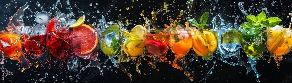 Signature cocktails dazzle in a food explosion on black, with splashes ...
