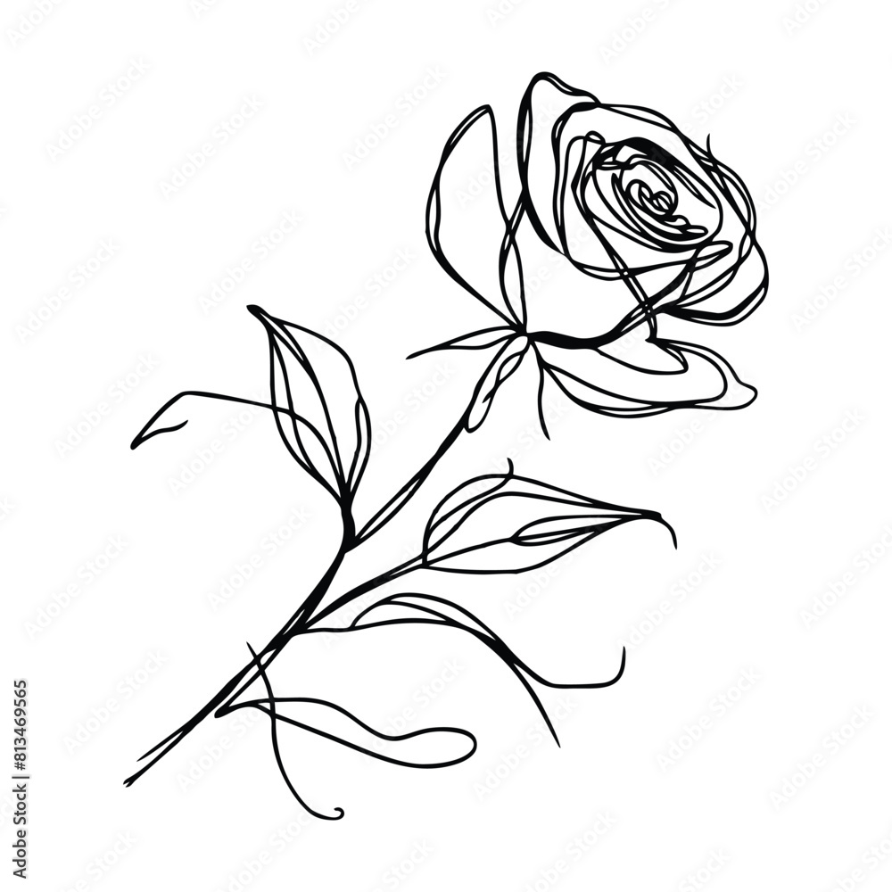 A minimalist, black single line drawing of a rose, white background ...