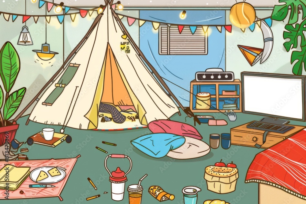 Cartoon cute doodles of a birthday sleepover with friends, with tents ...