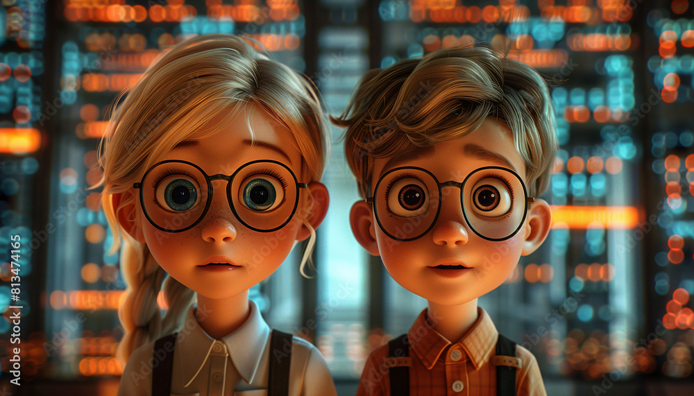Two kids with glasses in data center, surprised expressions, digital ...