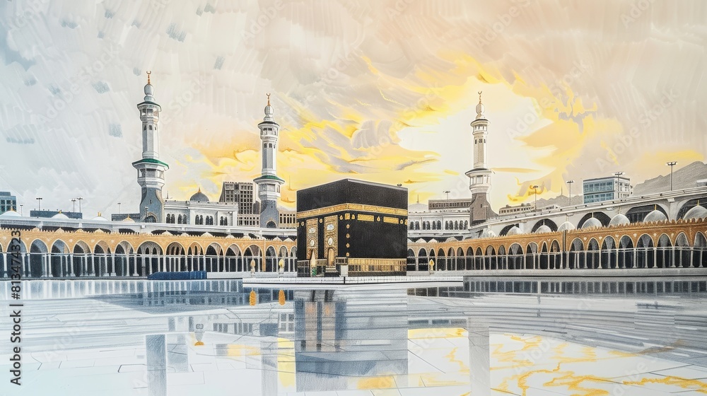 Holy Kaaba in Mecca, Saudi Arabia. A style in colored pencil sketch ...