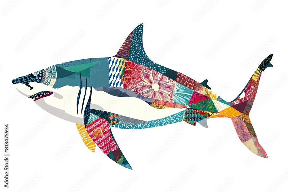 Cute Great white shark with colorful patchwork geometric pattern and ...